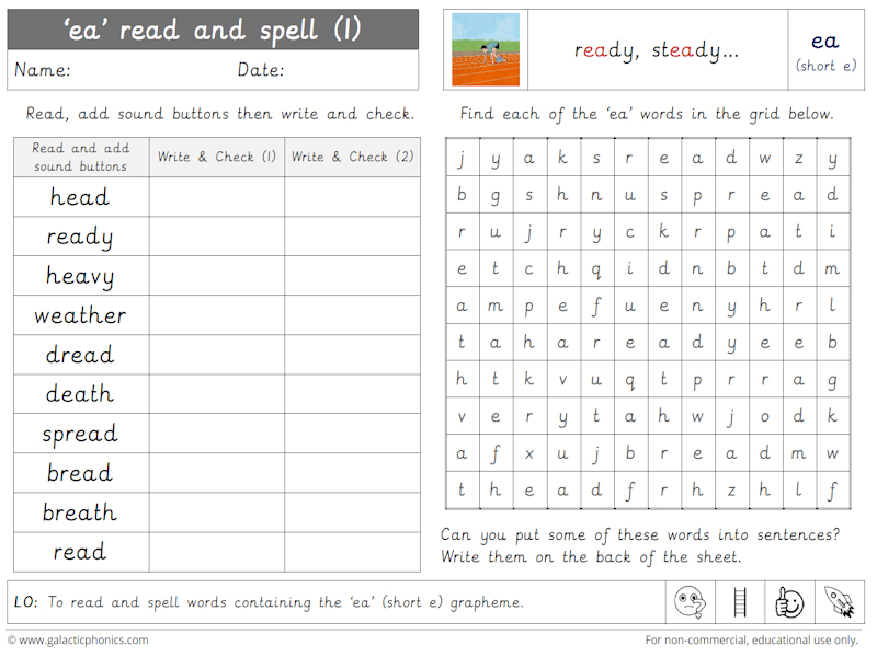 'ea' (short e) phonics worksheets and games - Galactic Phonics