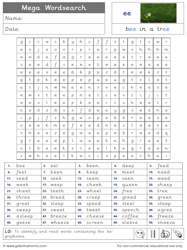 Free 'ee' phonics woksheets and games - Galactic Phonics