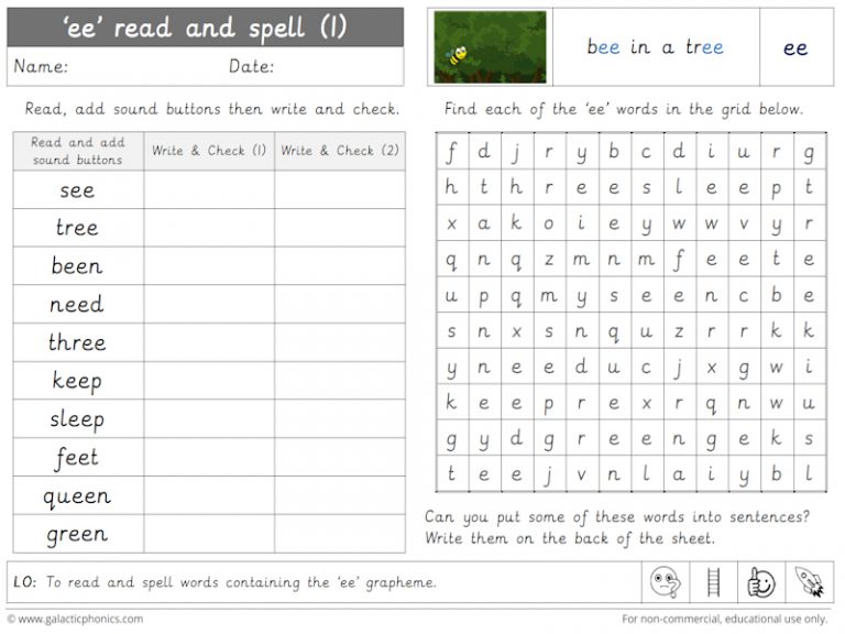Free 'ee' phonics woksheets and games - Galactic Phonics