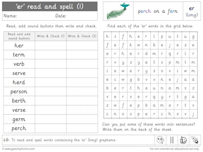 'er' (short) phonics worksheets and games - Galactic Phonics