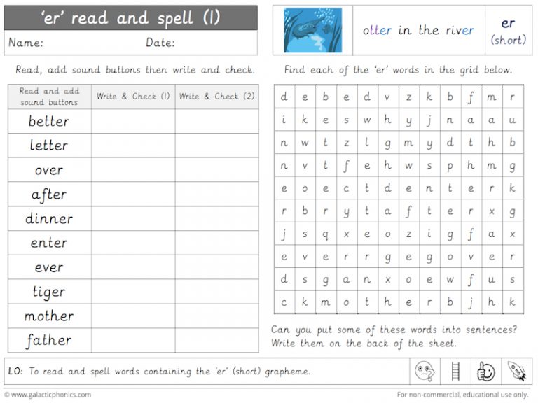 'er' (short) phonics worksheets and games - Galactic Phonics