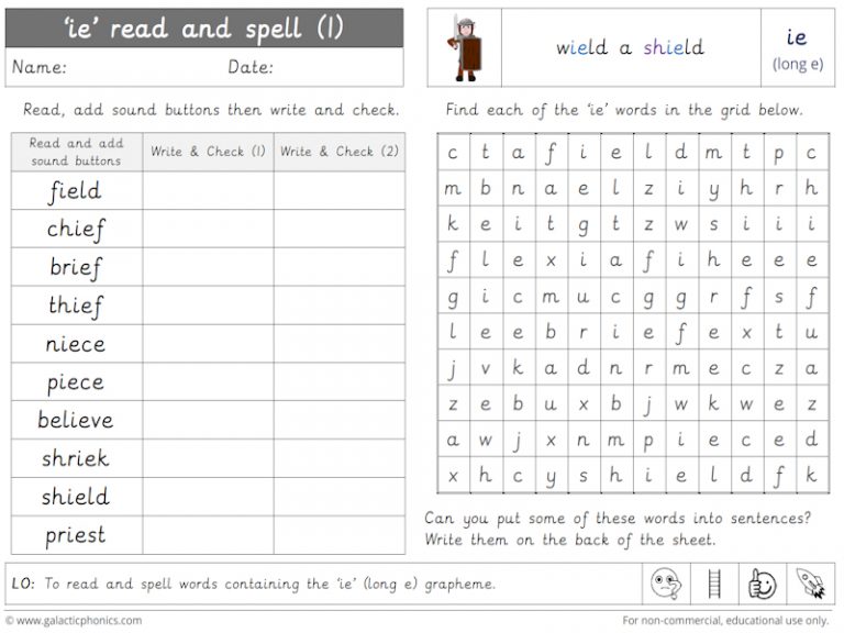 Free 'ie' (long e) phonics worksheets and games - Galactic Phonics