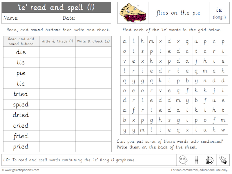 Free 'ie' (long i) worksheets and games - Galactic Phonics