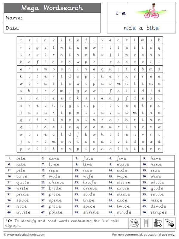 Free 'i-e' (split digraph) worksheets and games - Galactic Phonics