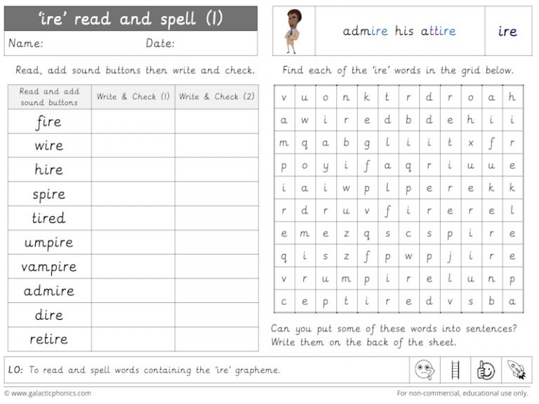 'ire' phonics worksheets and games - Galactic Phonics