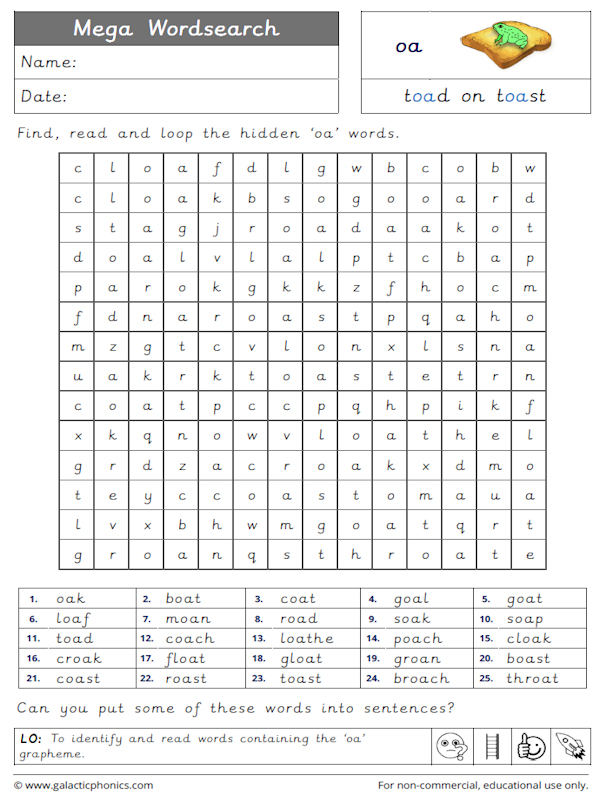 Free 'oa' worksheets and games - Galactic Phonics