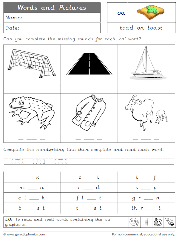 Free 'oa' worksheets and games - Galactic Phonics