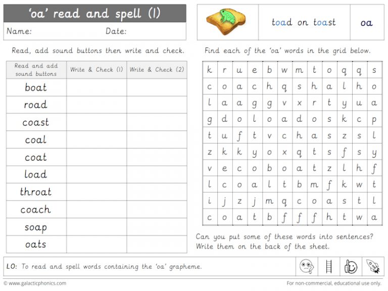 Free 'oa' worksheets and games - Galactic Phonics