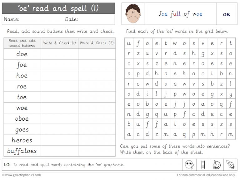 Free 'oe' worksheets and games - Galactic Phonics