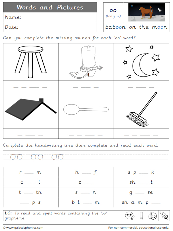 Free 'oo' (long u) worksheets and games - Galactic Phonics