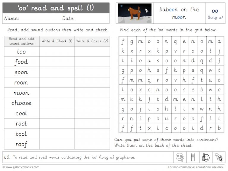Free 'oo' (long u) worksheets and games - Galactic Phonics