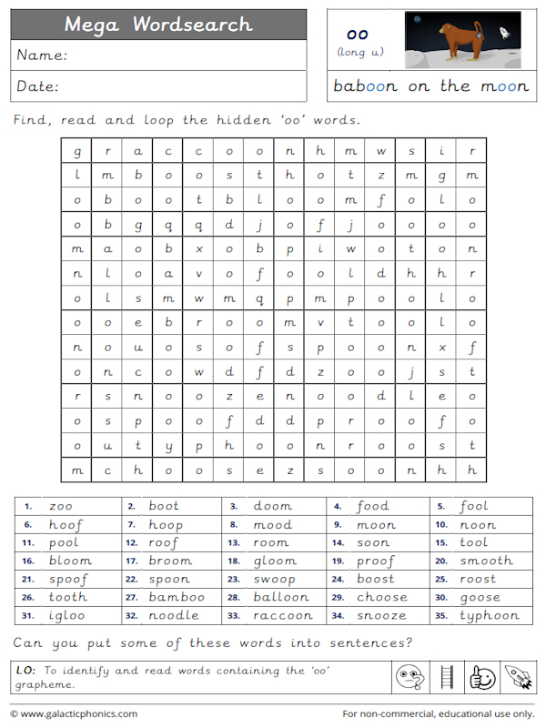 Free 'oo' (long u) worksheets and games - Galactic Phonics