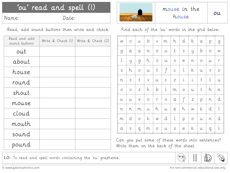 'ou' phonics worksheets and games - Galactic Phonics