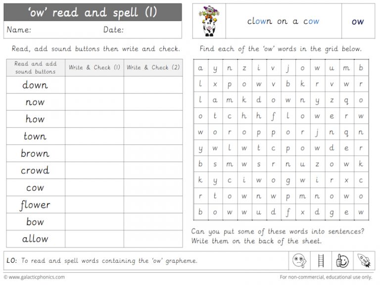 'ow' phonics worksheets and games - Galactic Phonics