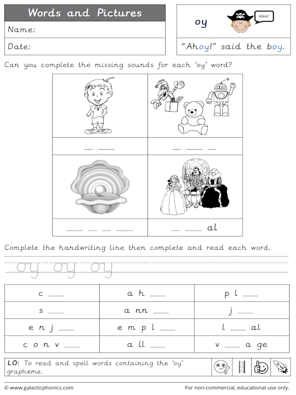 'oy' phonics worksheets and games - Galactic Phonics
