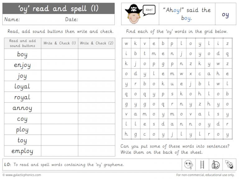 'oy' phonics worksheets and games - Galactic Phonics