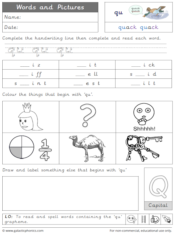 qu phonics worksheets and games - Galactic Phonics