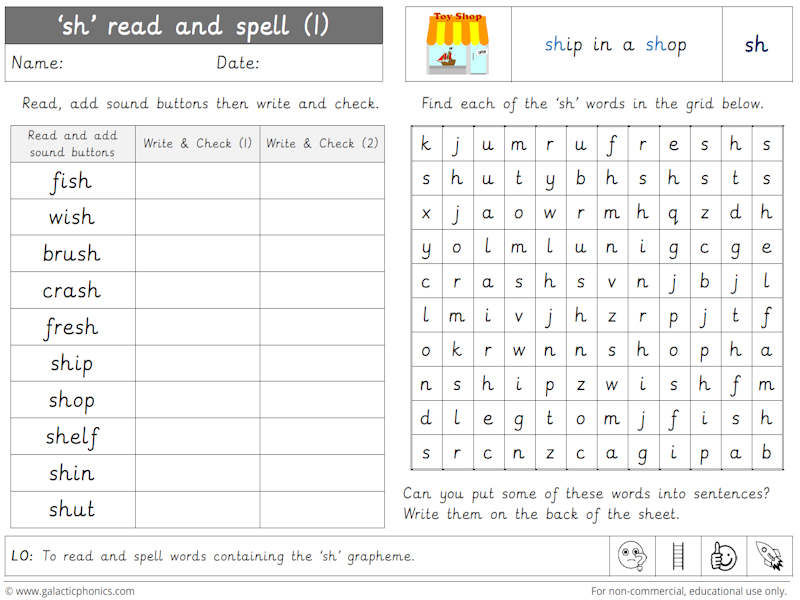 sh phonics worksheets and games - Galactic Phonics