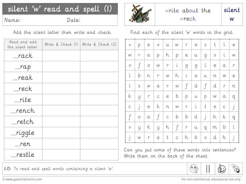 silent w phonics worksheets and games - Galactic Phonics