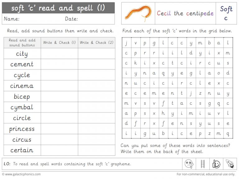 soft c phonics worksheets and games - Galactic Phonics