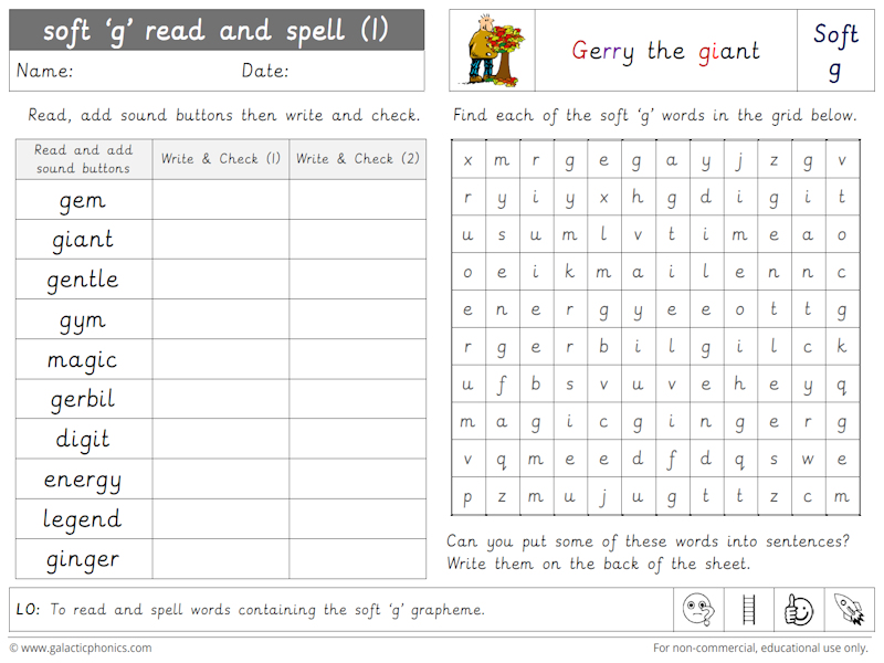soft g phonics worksheets and games - Galactic Phonics