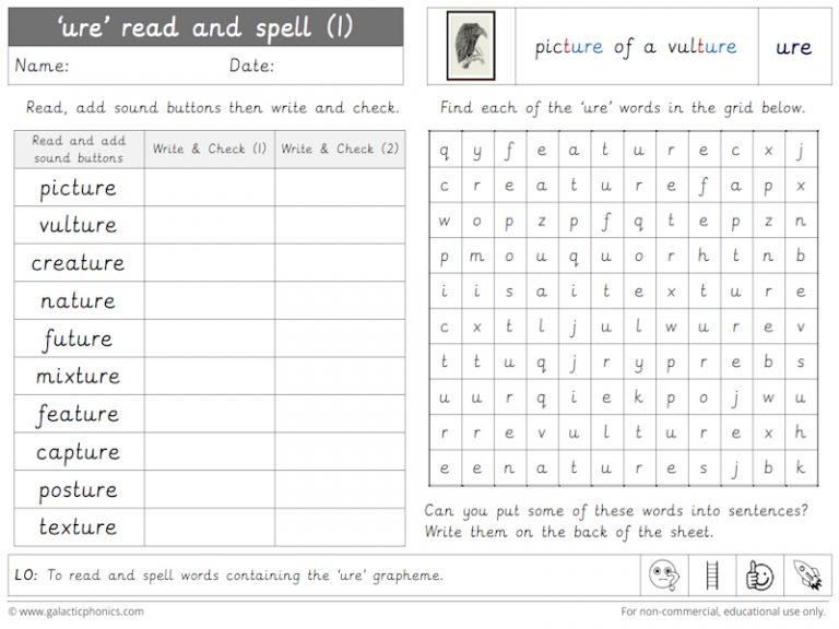 'ure' phonics worksheets and games - Galactic Phonics