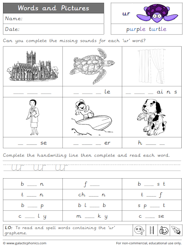 'ur' phonics worksheets and games - Galactic Phonics