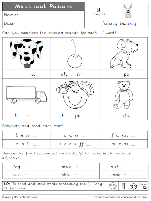 Free 'y' (long e) phonics worksheets and games - Galactic Phonics