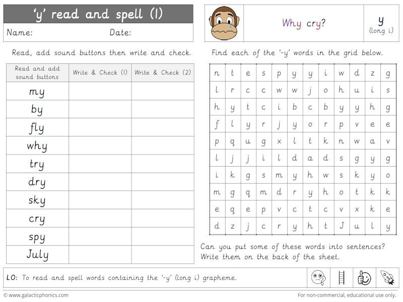 Free 'y' (long i) phonics worksheets and games - Galactic Phonics