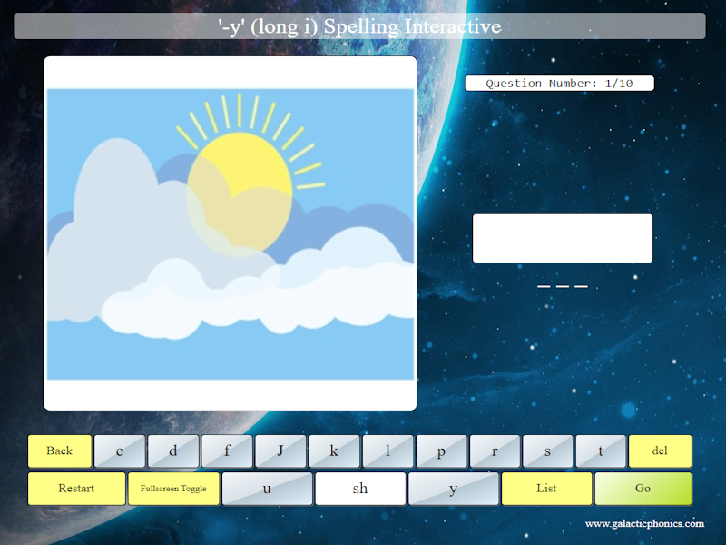 Free 'y' (long i) phonics worksheets and games - Galactic Phonics