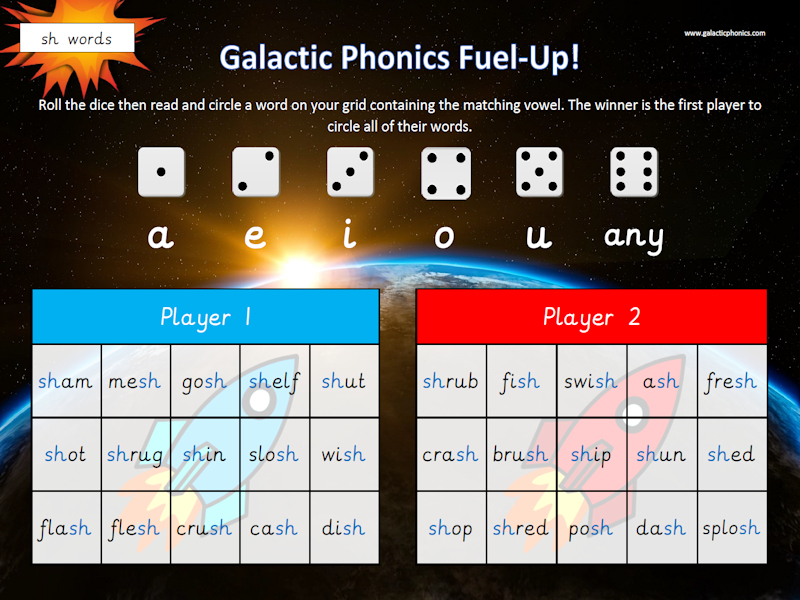 sh phonics worksheets and games - Galactic Phonics