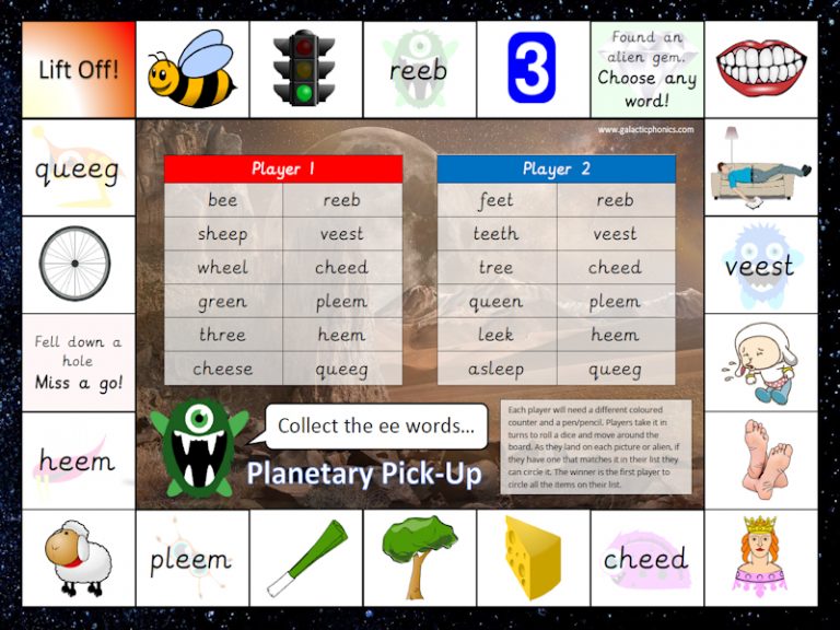 Free 'ee' phonics woksheets and games - Galactic Phonics