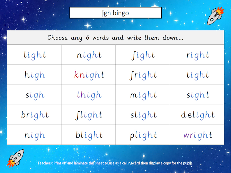 Free 'igh' phonics worksheets and games - Galactic Phonics